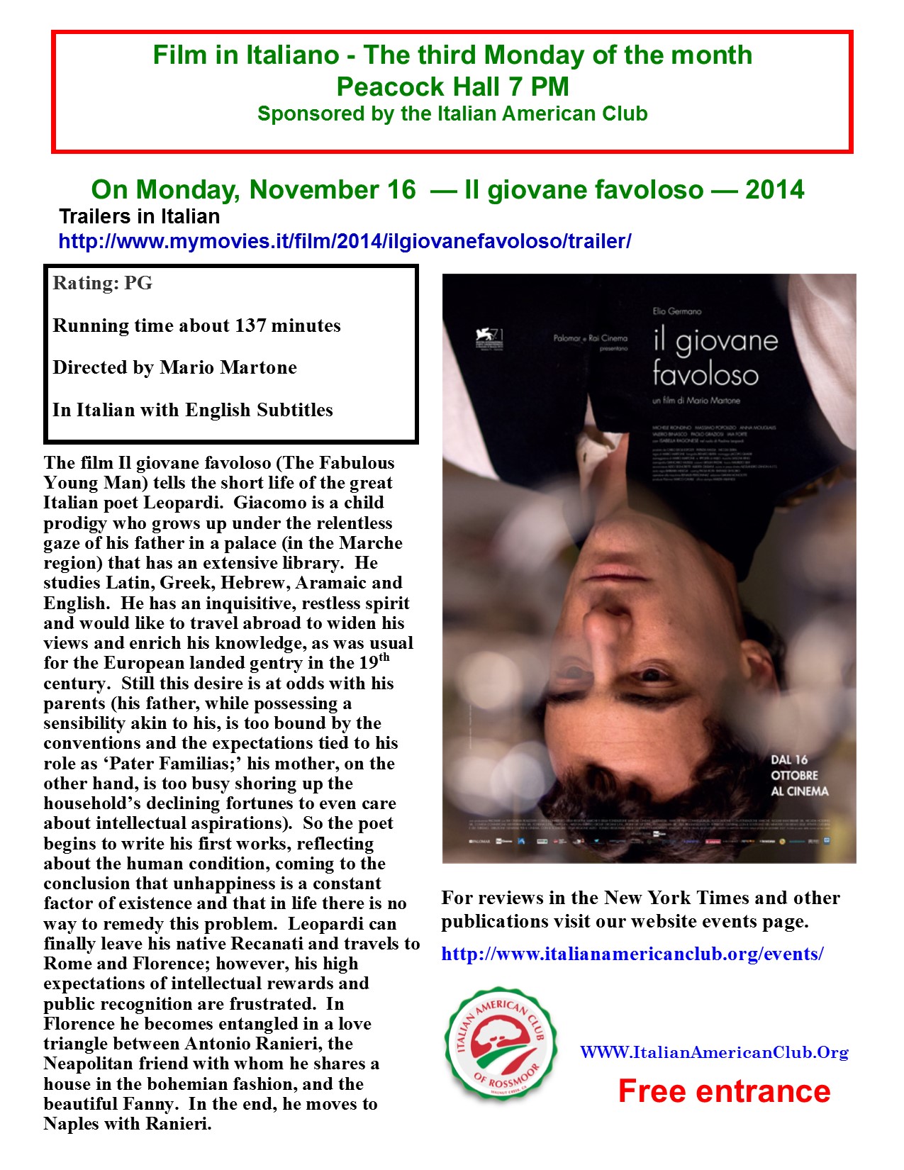 Film in Italiano – Il giovane favoloso – Peacock Hall – Italian ...